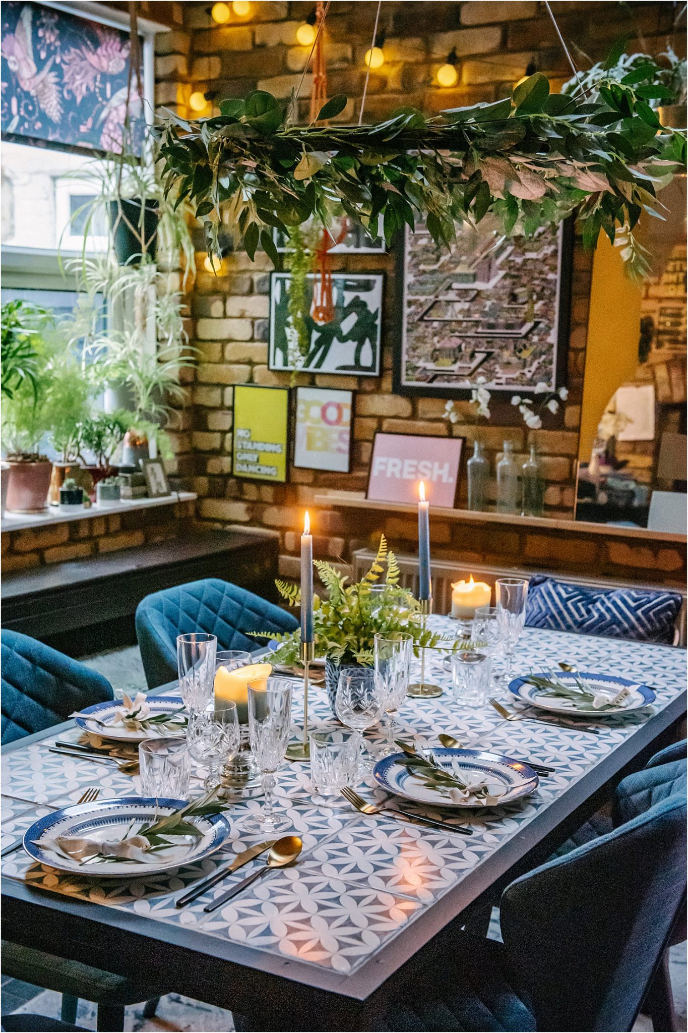 How to tile a dining table DIY using geo blue white tiles